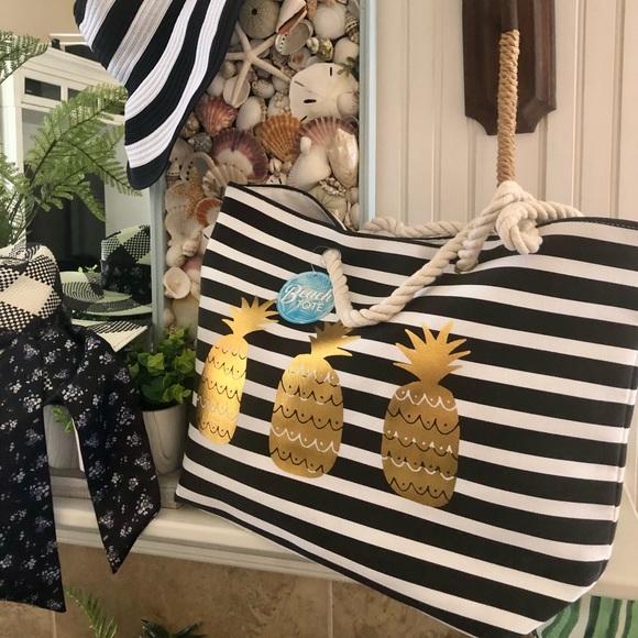 Bags | New Black White Tripe Gold Pineapples Beach Bag | Poshmark